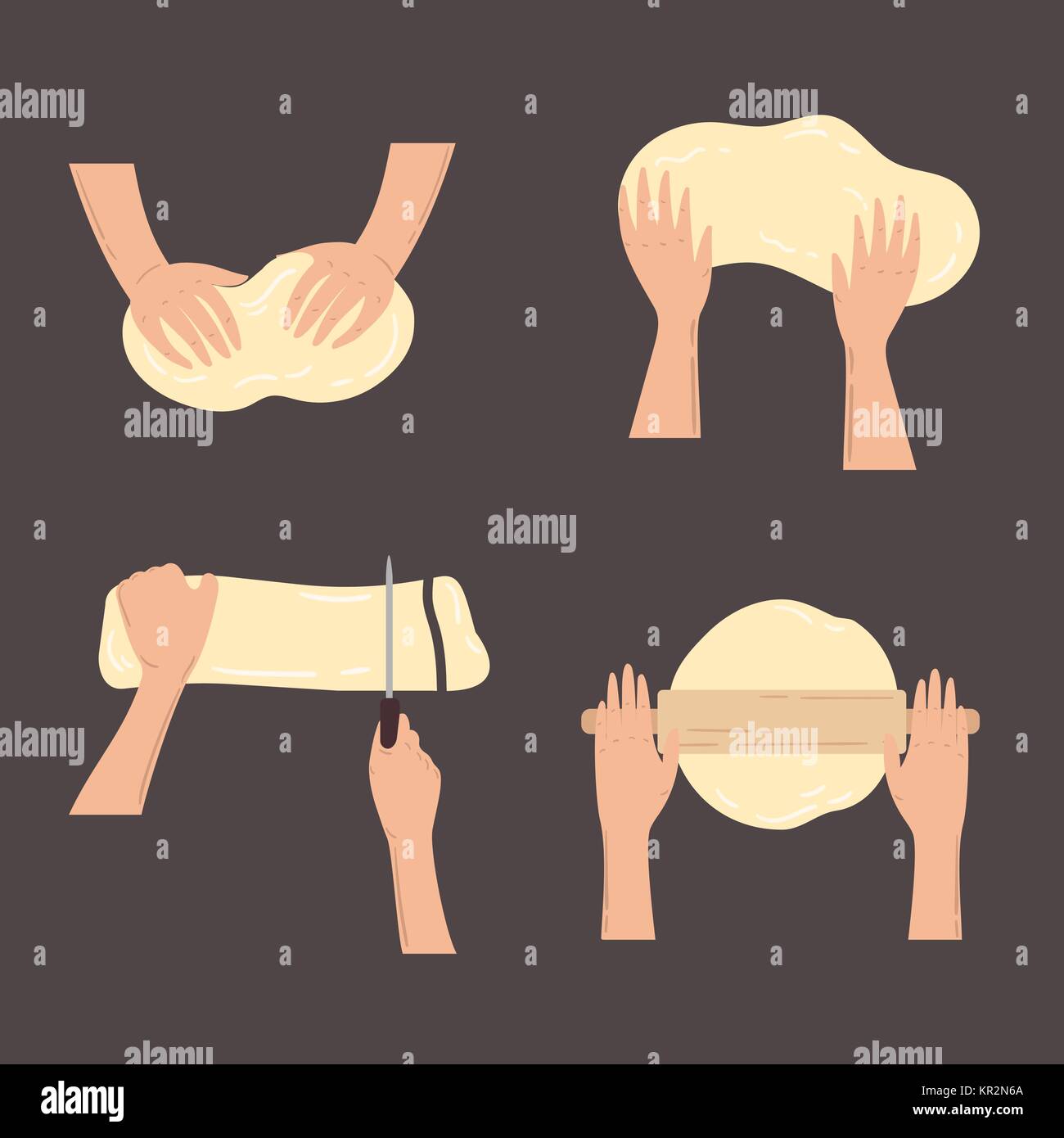 Hands knead dough, line drawing isolated symbols for bakery at brown ...