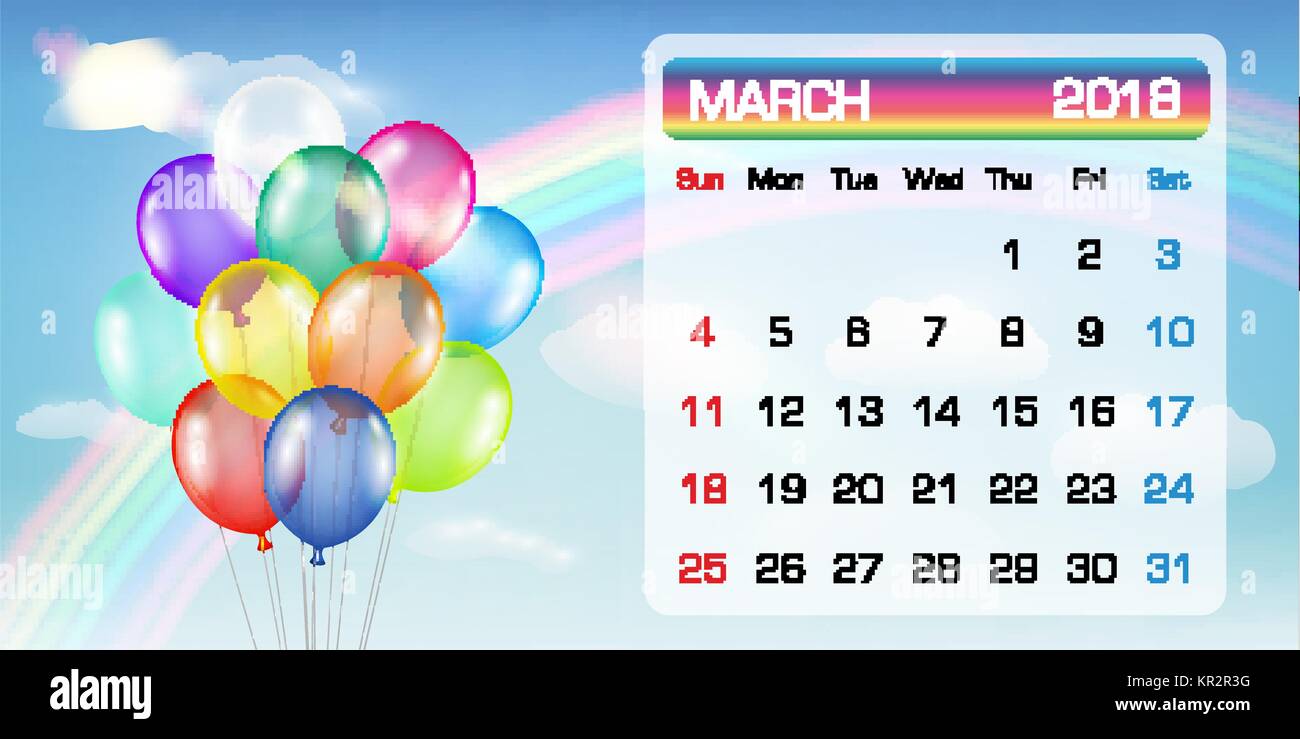 calendar of MARCH 2018 month bright sky balloon Stock Vector Image ...