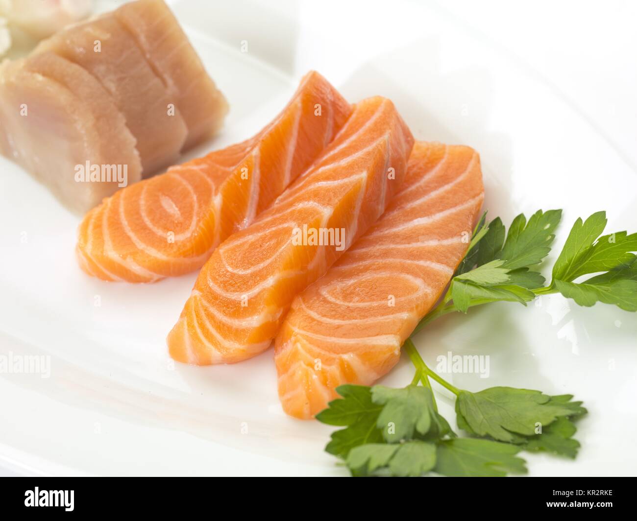 Sliced raw fatty salmon and tuna isolated on white background Stock ...