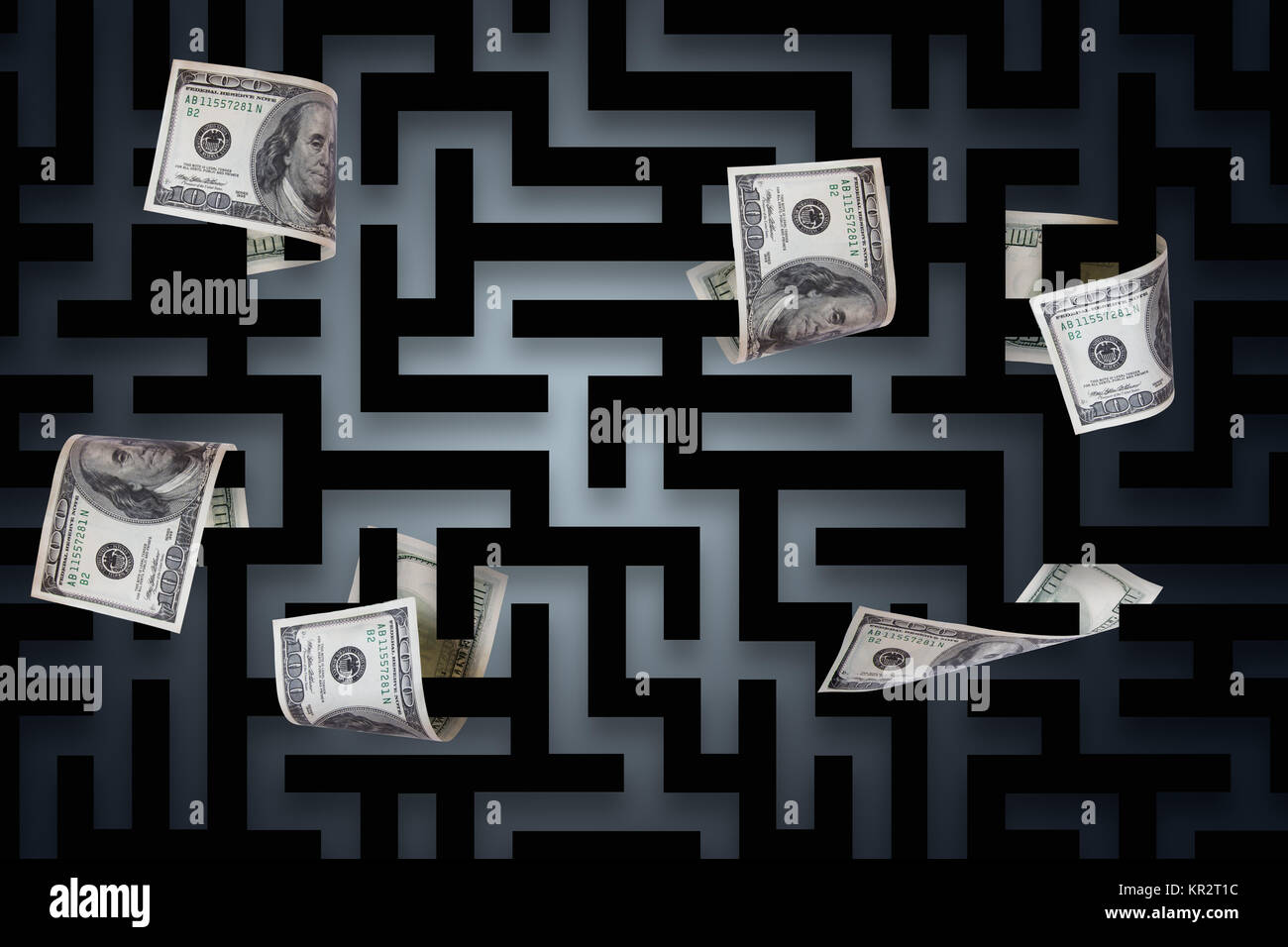 Illustrative black maze background with dollar money banknotes around ...