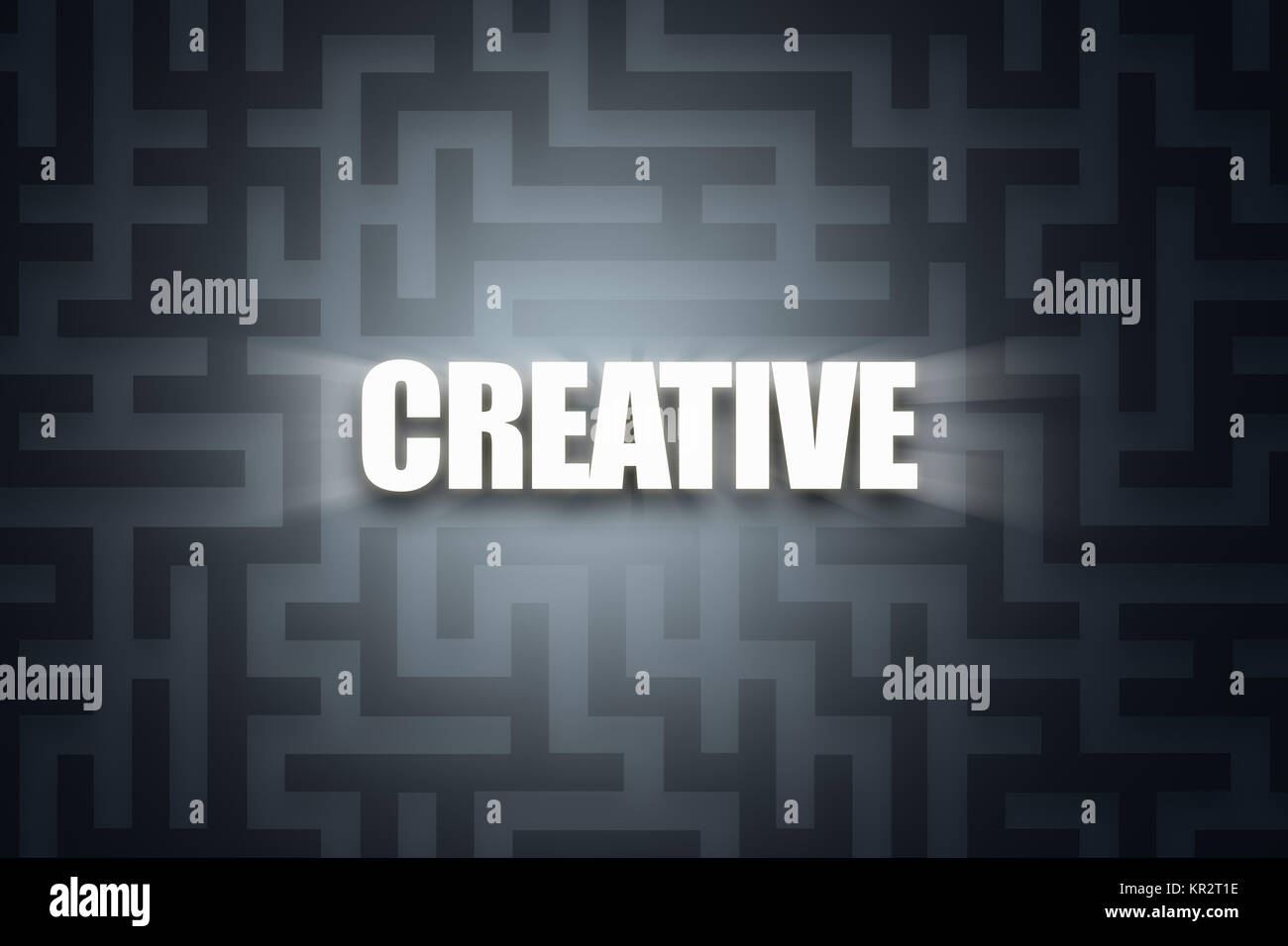 Illustrative word of creative with white letters on dark maze ...