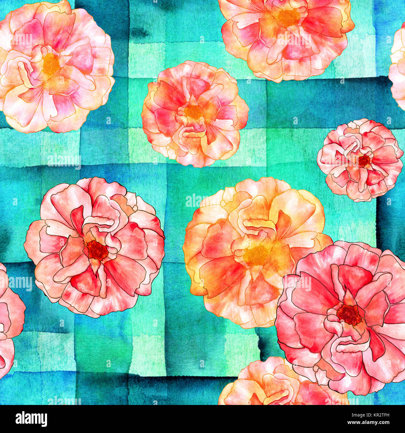 Seamless watercolor rose pattern on teal blue stripes Stock Photo - Alamy