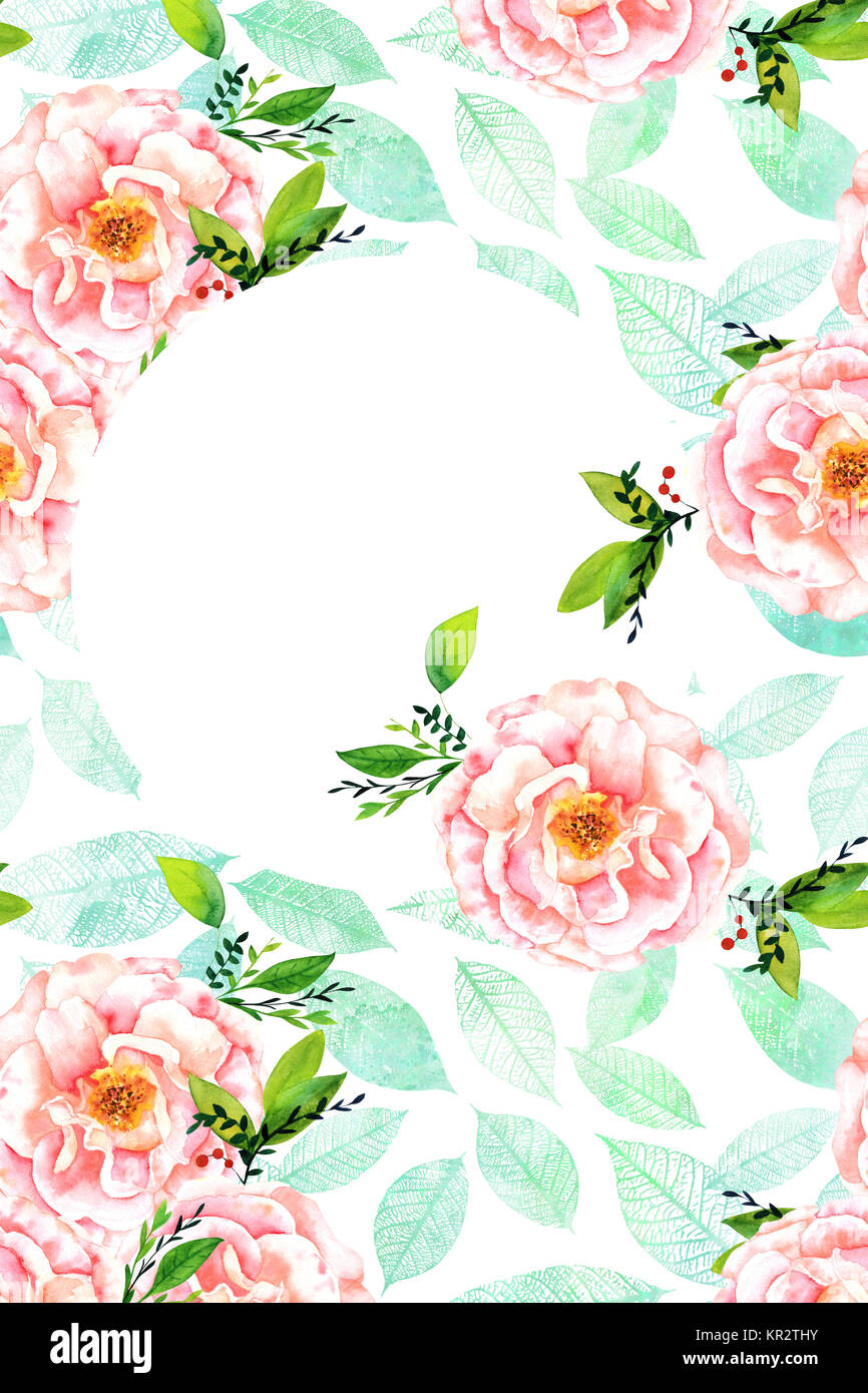 Invitation with watercolor roses, teal leaves, and copy space Stock ...