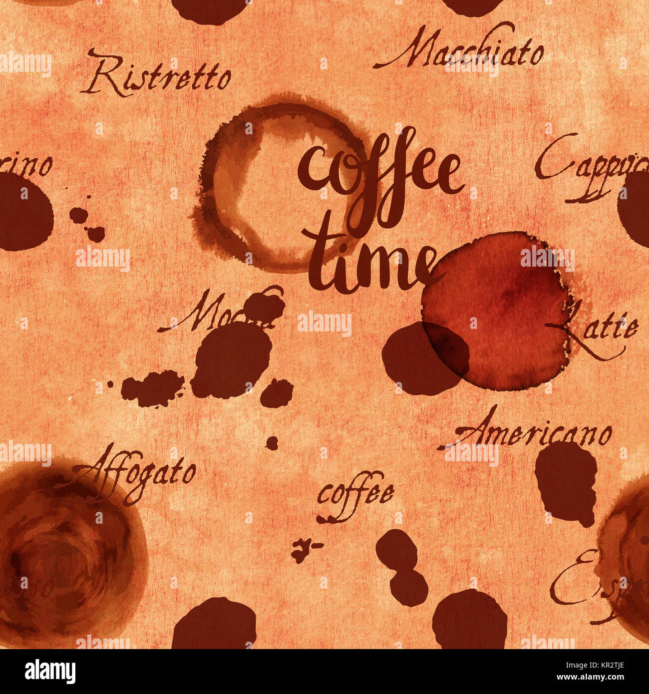 Coffee Time seamless background texture with lettering and stains Stock ...
