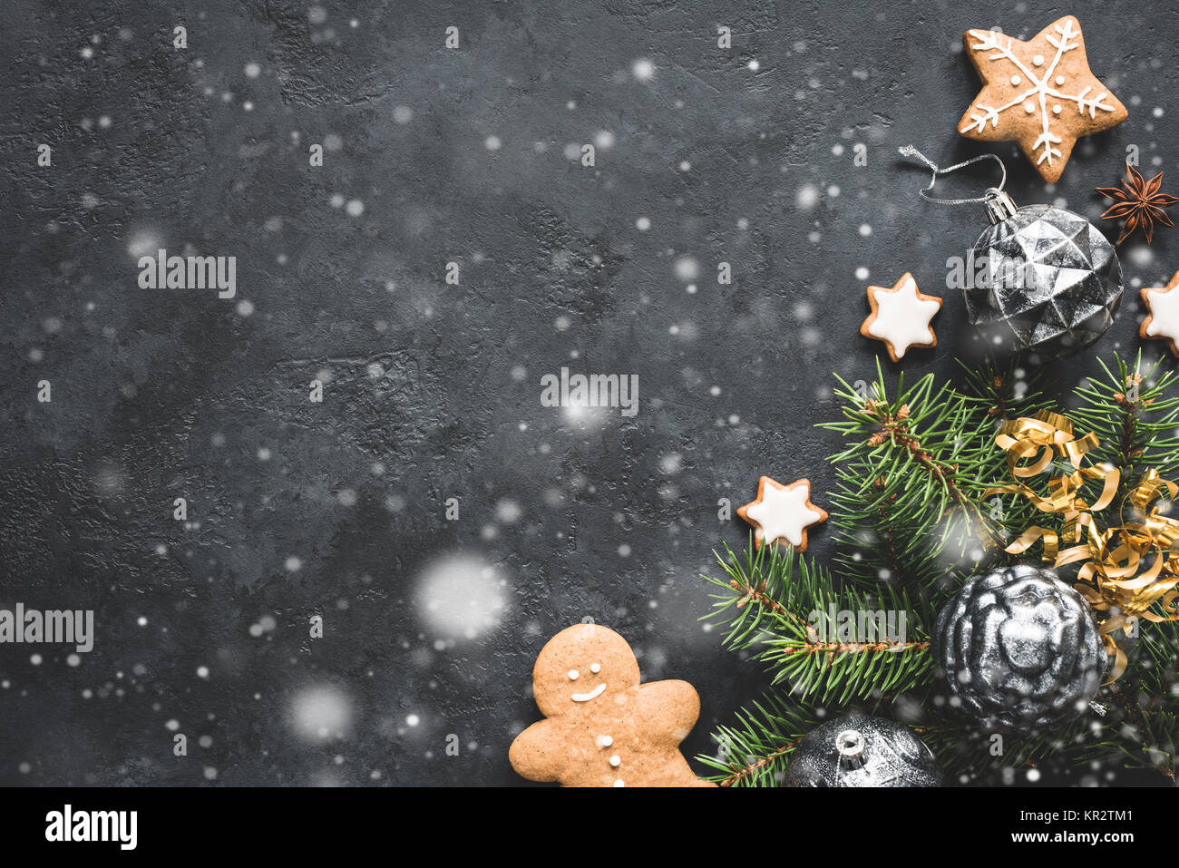 Stylish Christmas background with falling snow, vintage Christmas toys ...