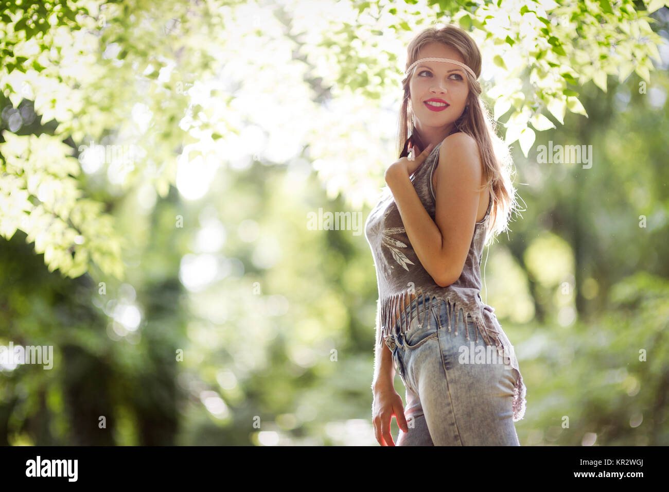 Happy cheerful female in nature Stock Photo - Alamy