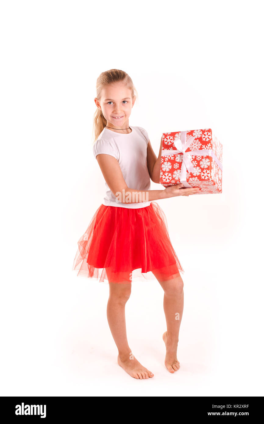 Happy girl with present box isolated on white Stock Photo - Alamy