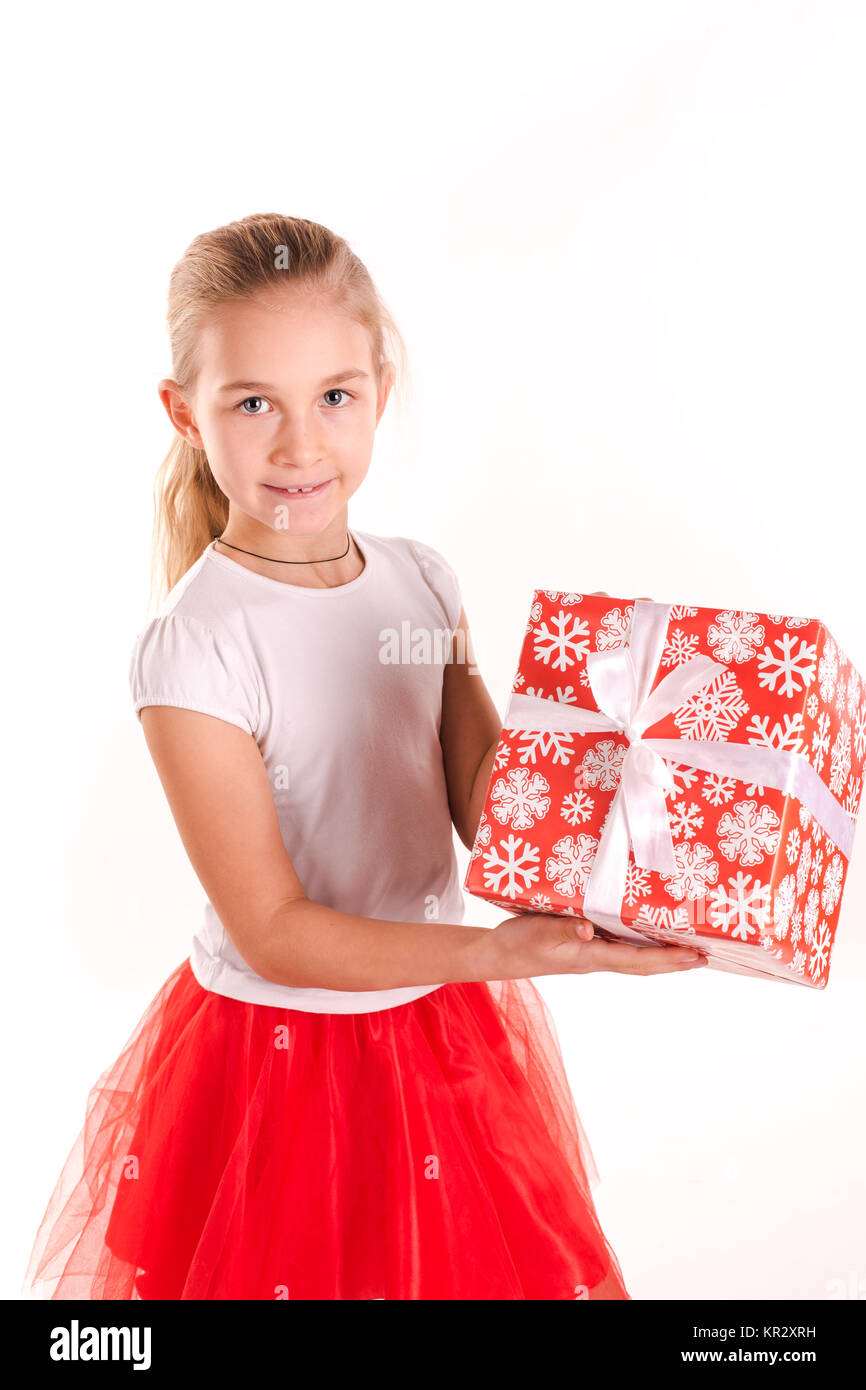 Happy girl with present box isolated on white Stock Photo - Alamy