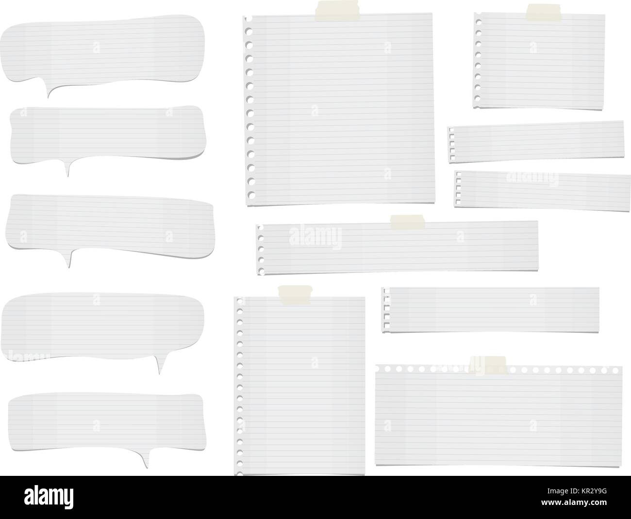 Lined note, notebook paper strips, sheets, speech bubbles for text or ...