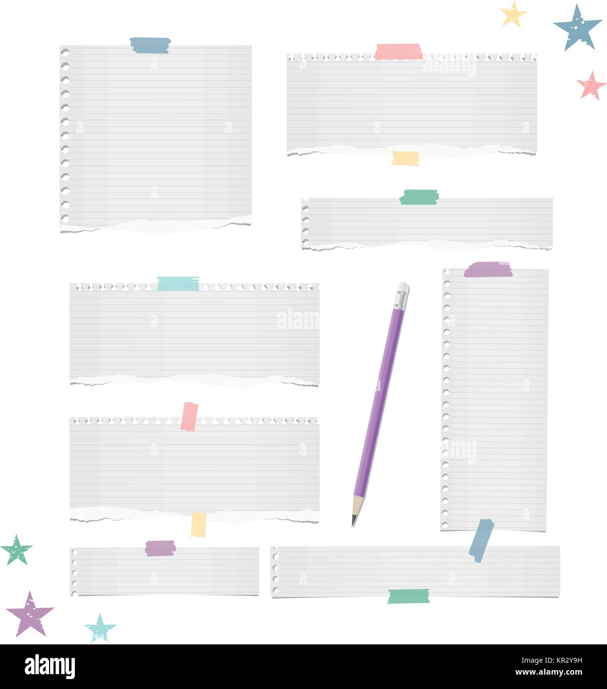 White ripped lined note, notebook paper strips, sheets for text or ...