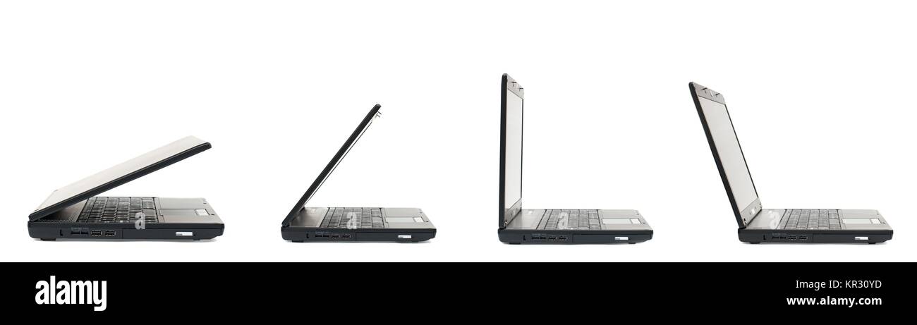 Laptop lid opening stages on white background Stock Photo - Alamy