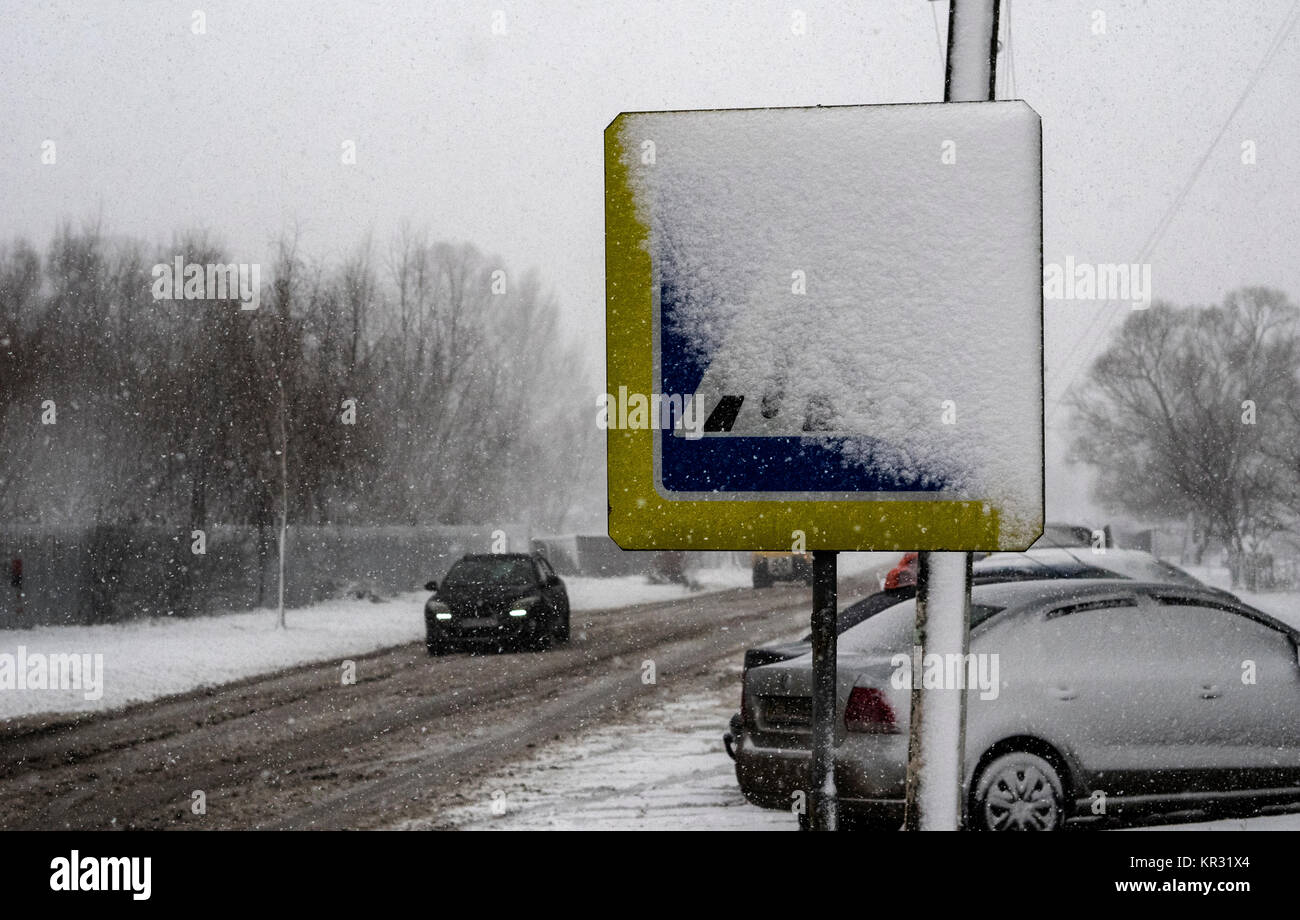 Traffic sign "Pedestrian crossing" Covered With Fresh White Snow After ...