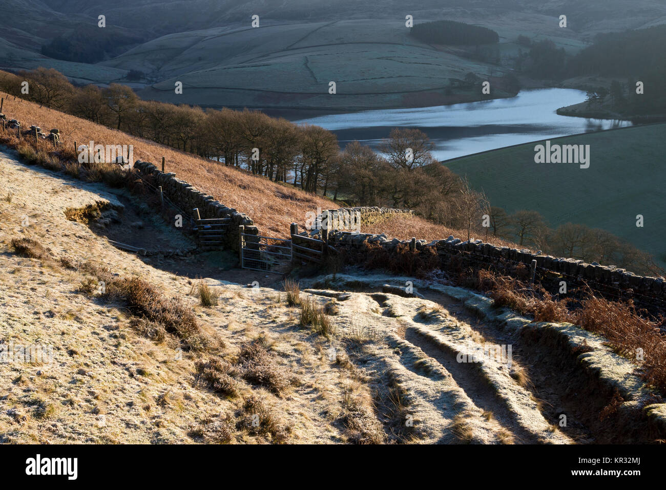 Frosty path in the hills near Hayfield, Derbyshire. View to Kinder ...