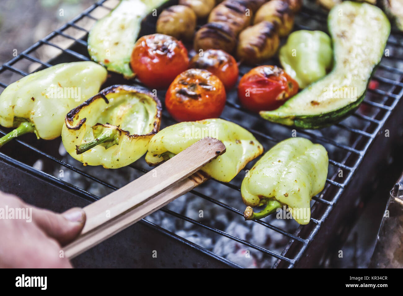 Assorted grilled vegetables.Chef cooking vegetables.top view close up ...