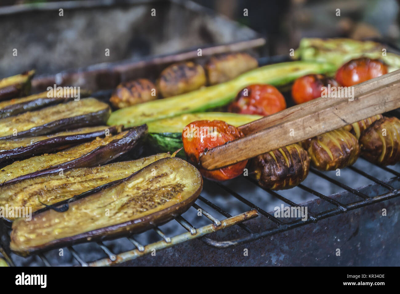 Assorted grilled vegetables.Chef cooking vegetables.top view close up ...