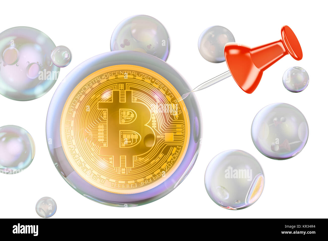 Bitcoin inside soap bubble with push pin. Financial bubble concept ...