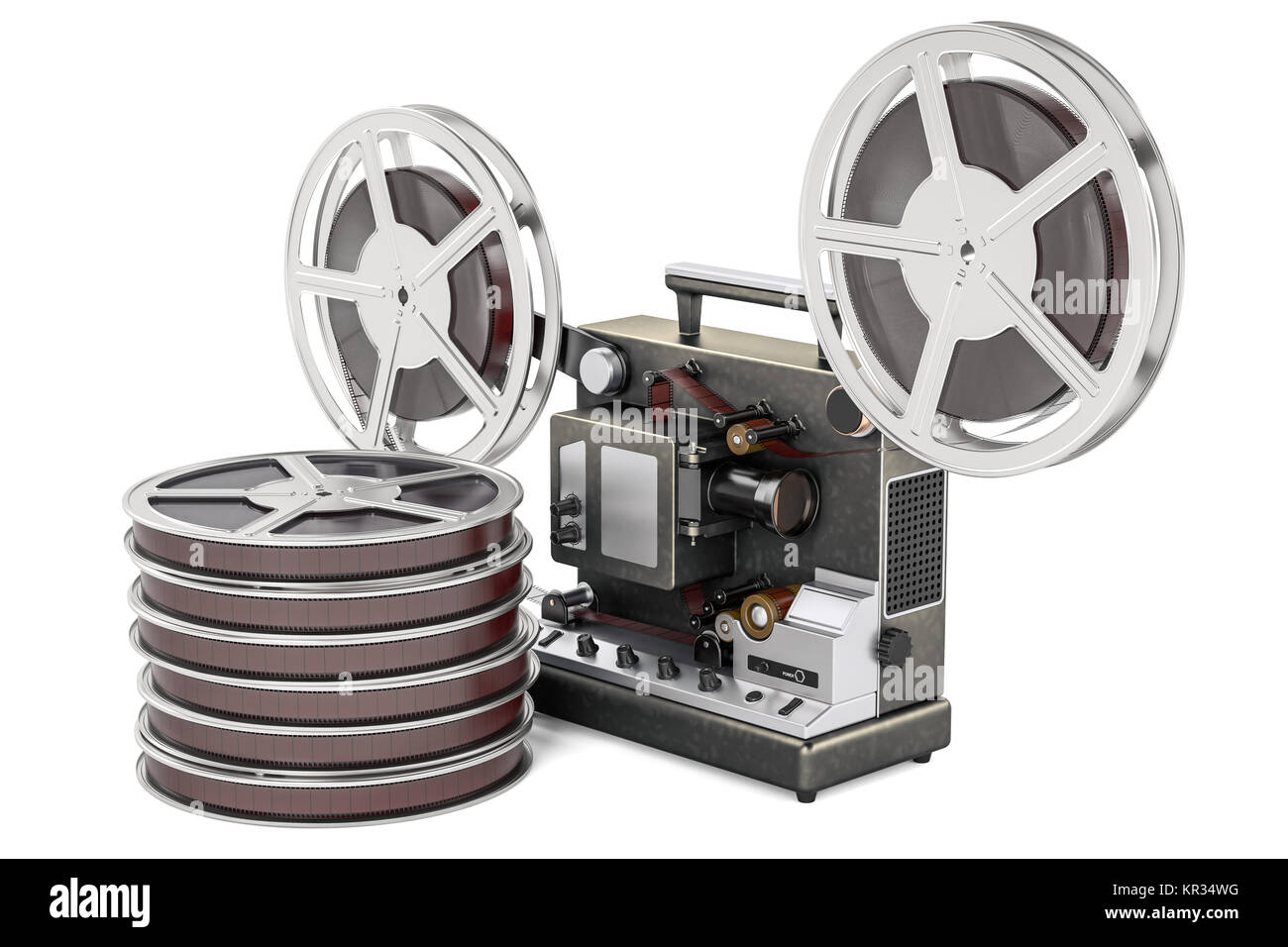 Cinema projector with movie reels , 3D rendering isolated on white ...