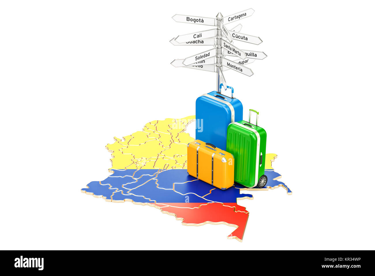 Colombia travel concept. Columbian map with suitcases and signpost, 3D ...