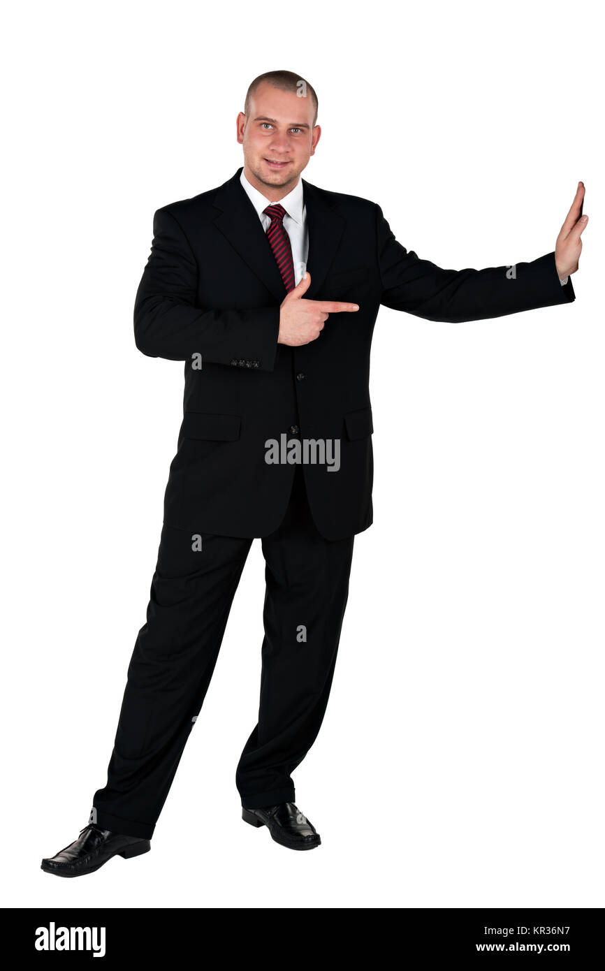 Businessman lean on something and pointing at copy space against white ...