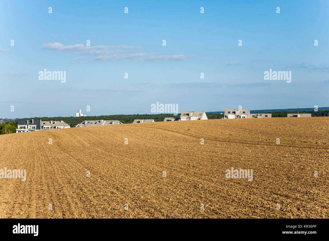 new built housing area in beautiful landscape with view over golden ...