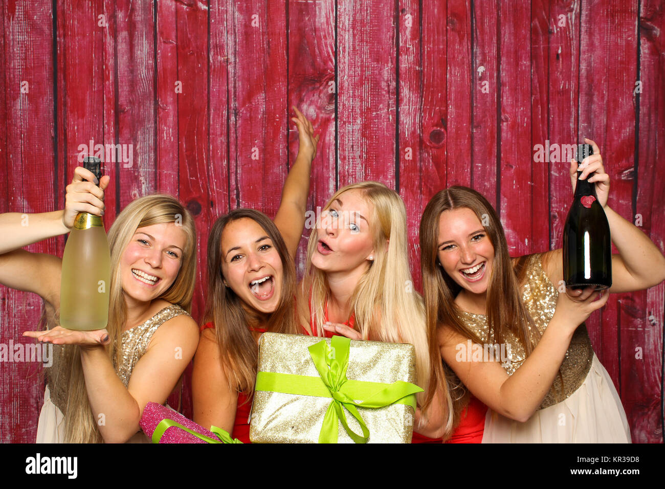 girl group photo booth - birthday celebration with champagne Stock ...
