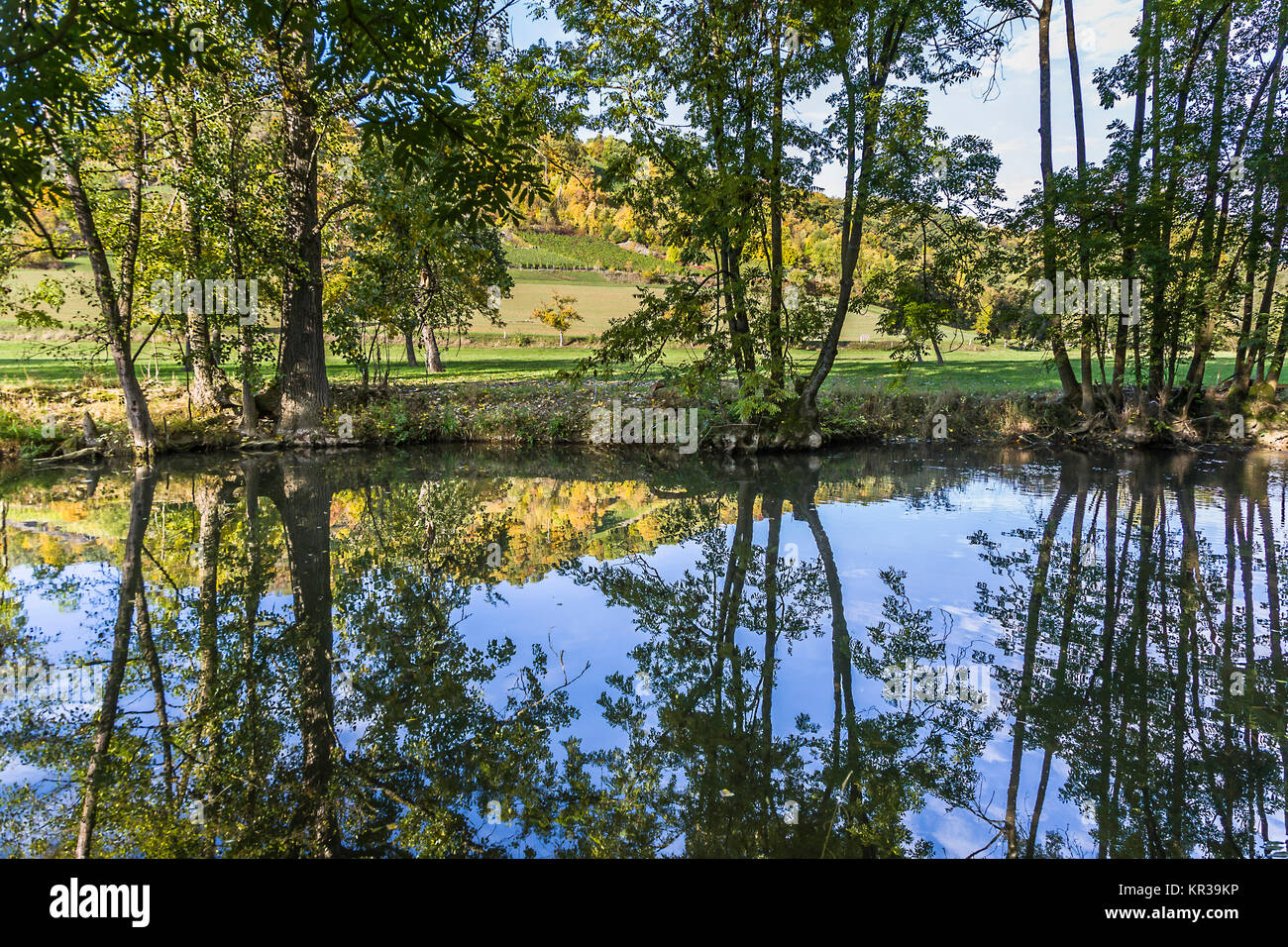 reflection in the river Tauber in lovely Tauber valley near Rothenburg ...