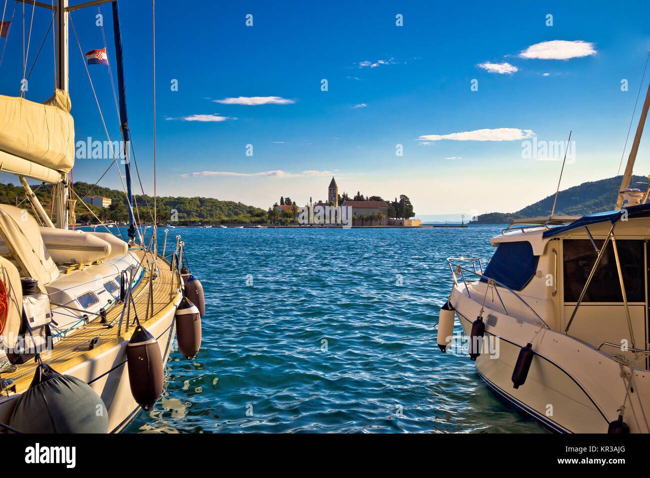 Vis island yachts and church view Stock Photo - Alamy