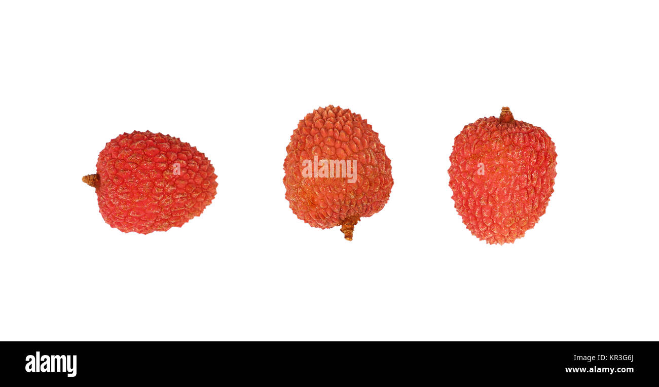 Three fresh red ripe lychee (Litchi chinensis) tropical fruits isolated ...