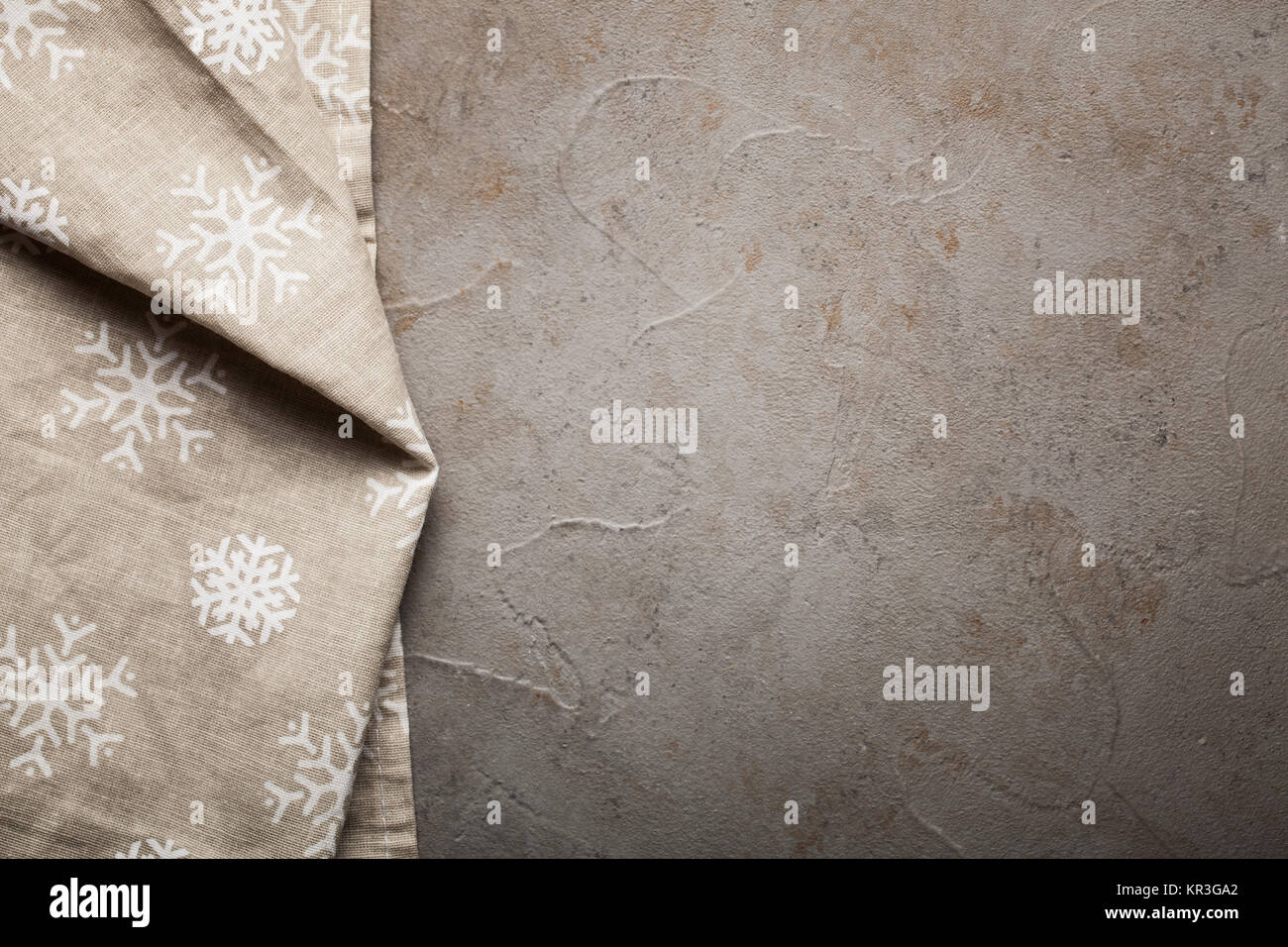 Kitchen stone table with towel. Top view with copy space. Concrete ...