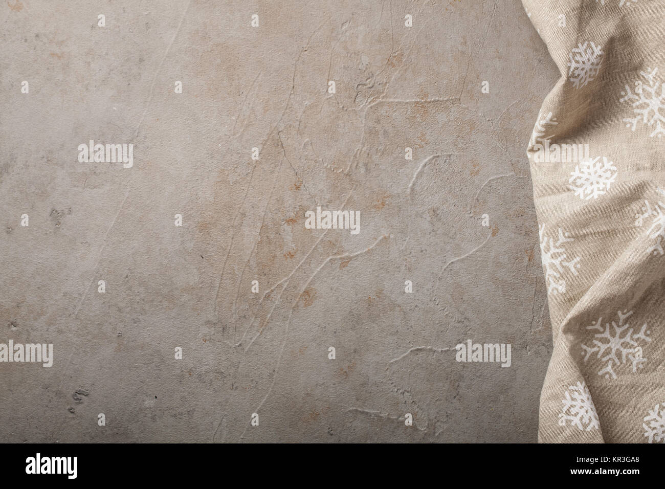 Kitchen stone table with towel. Top view with copy space. Concrete ...