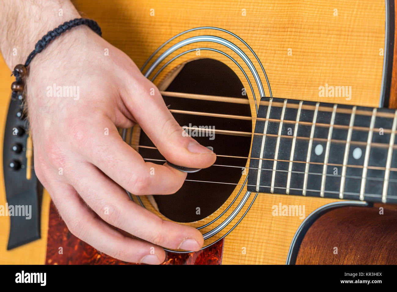 detail of fingers, string and hand of guitar player Stock Photo - Alamy