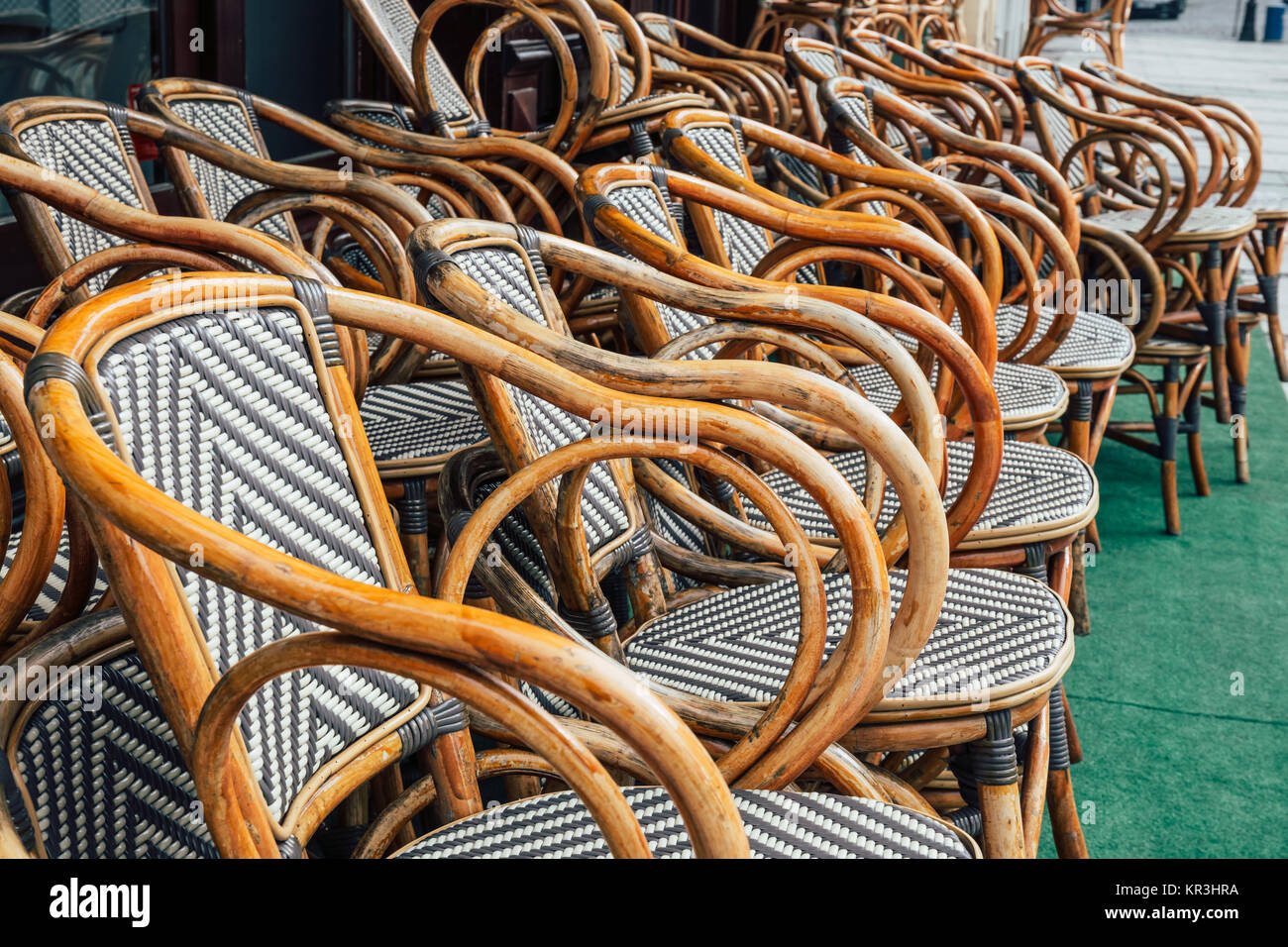 many empty wooden chairs outside the restaurant Stock Photo - Alamy