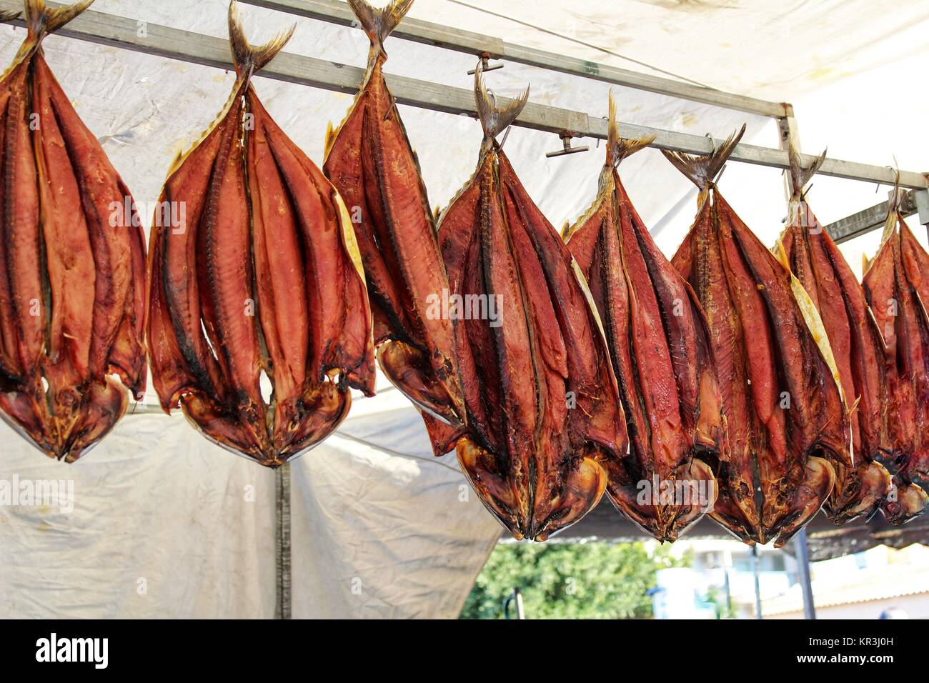 Salted fish products for sale at a market stall in Spain Stock Photo ...