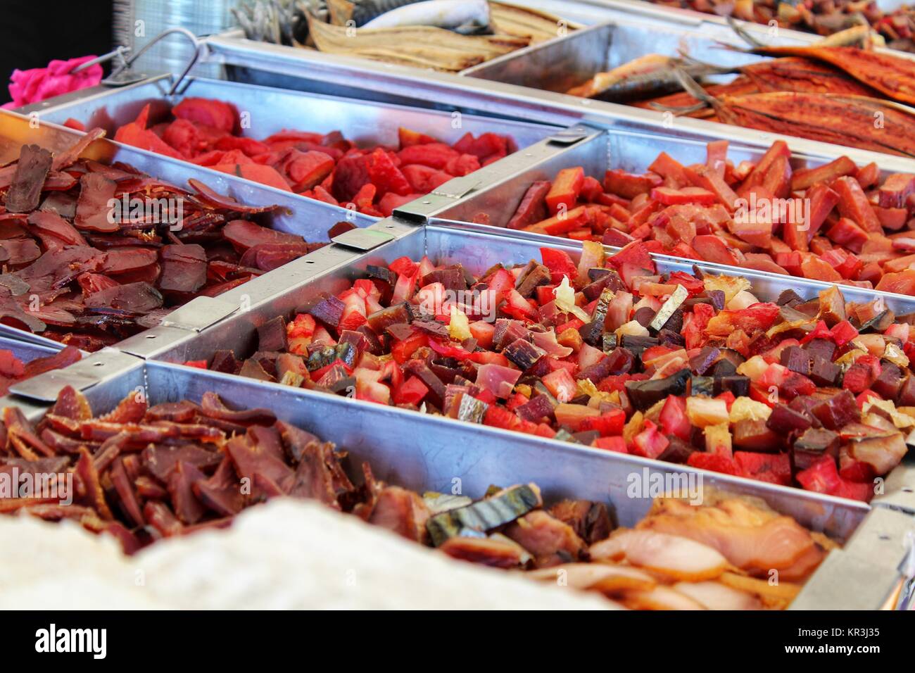 Salted fish products for sale at a market stall in Spain Stock Photo ...