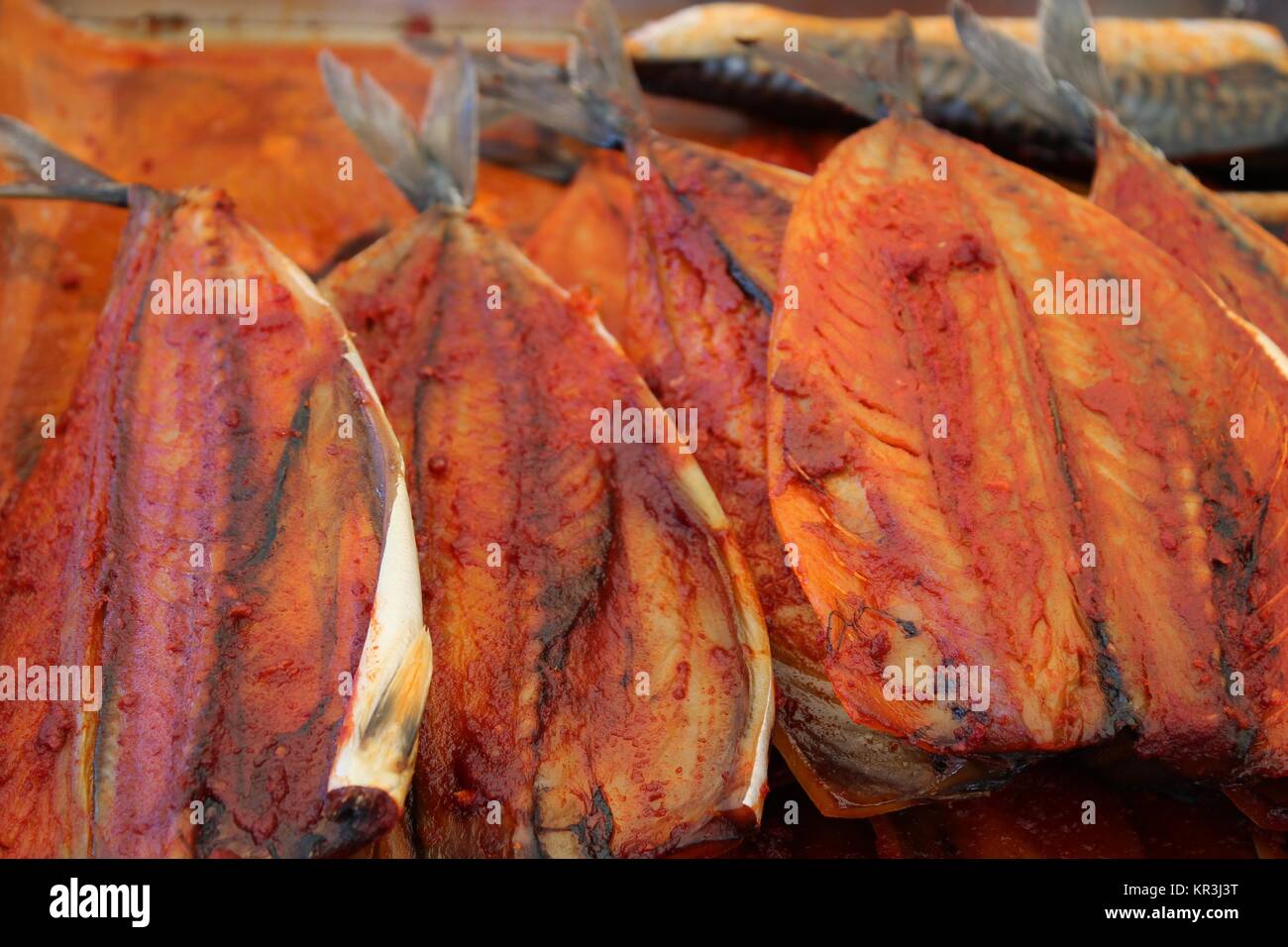 Salted fish products for sale at a market stall in Spain Stock Photo ...