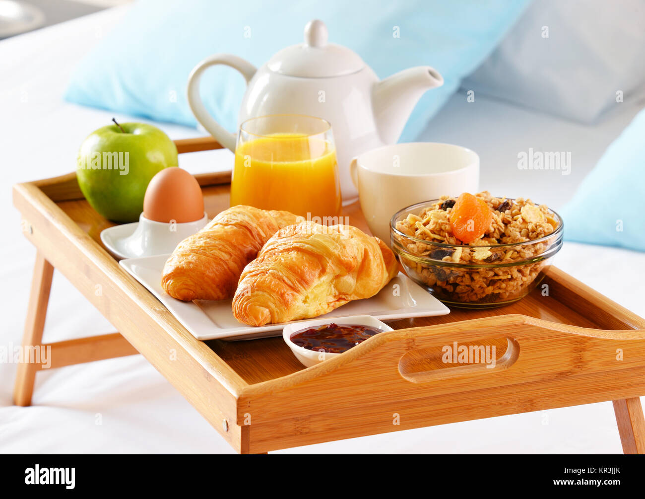 Breakfast on tray in bed in hotel room Stock Photo - Alamy
