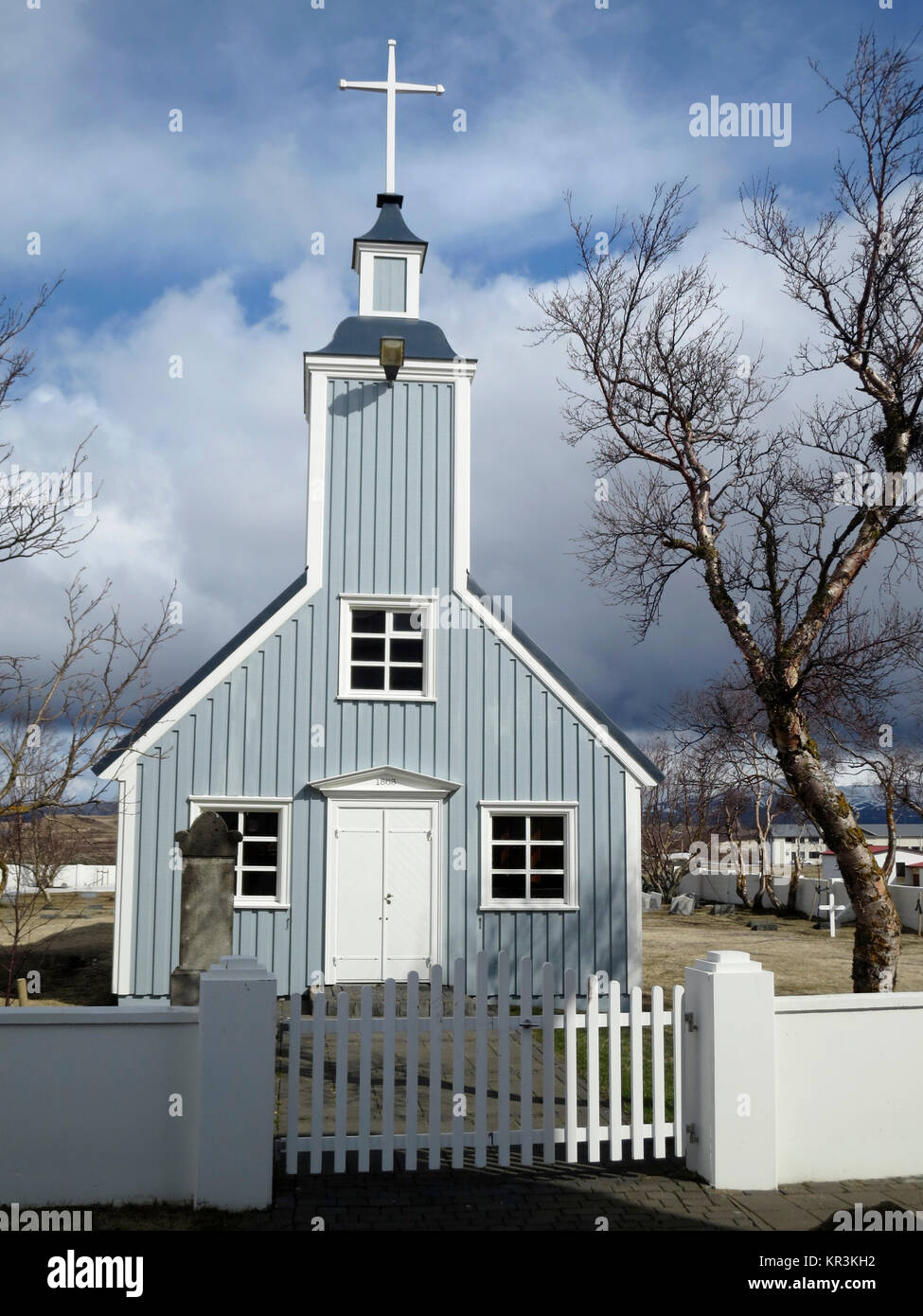 typical wooden church in island under blue sky Stock Photo - Alamy