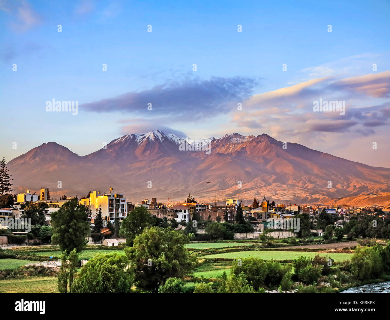 Close up of city of Arequipa, Peru with its iconic volcano Chachani in ...