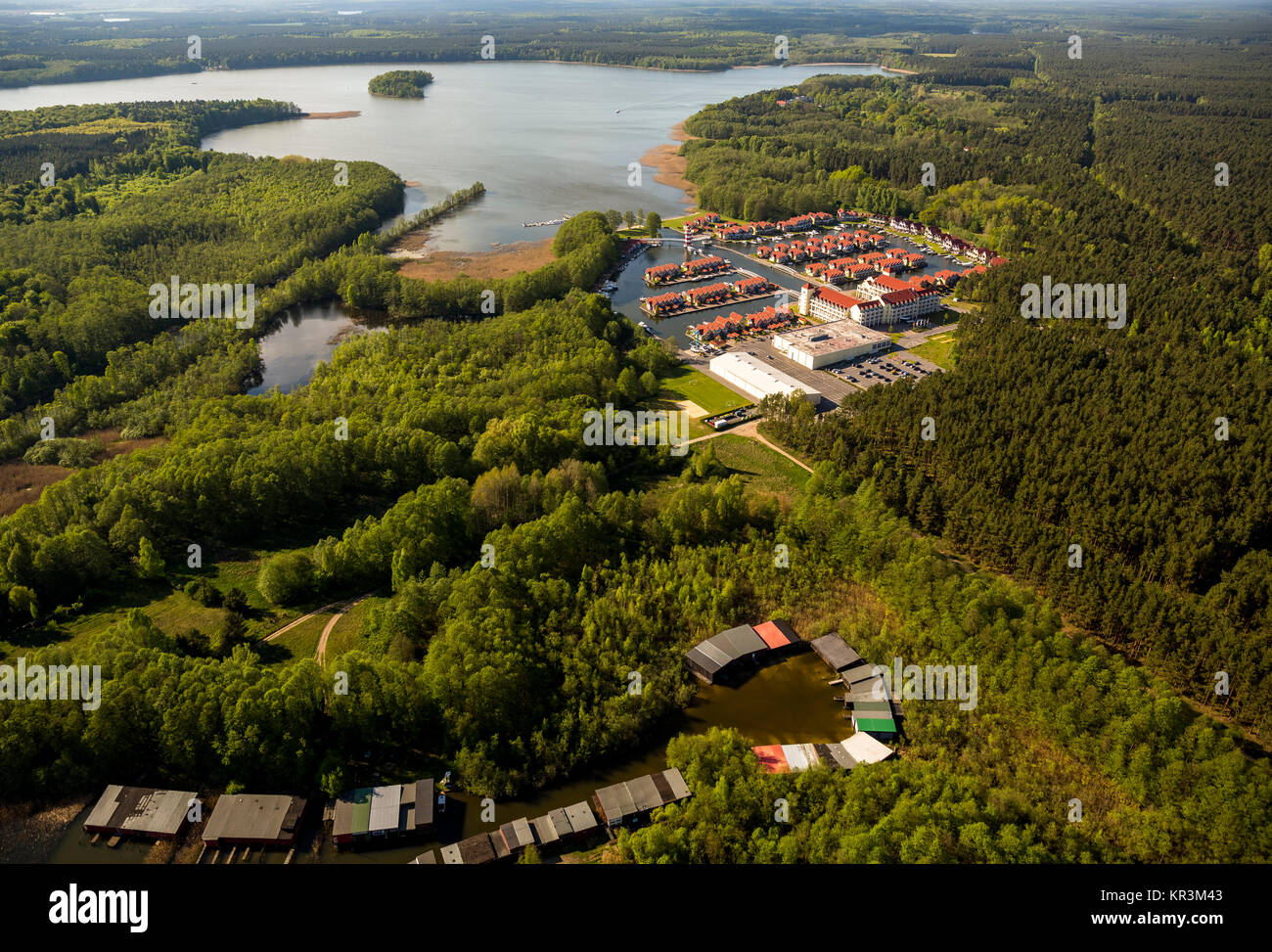 Marina holiday home Hafendorf Rheinsberg, lighthouse in the harbor ...