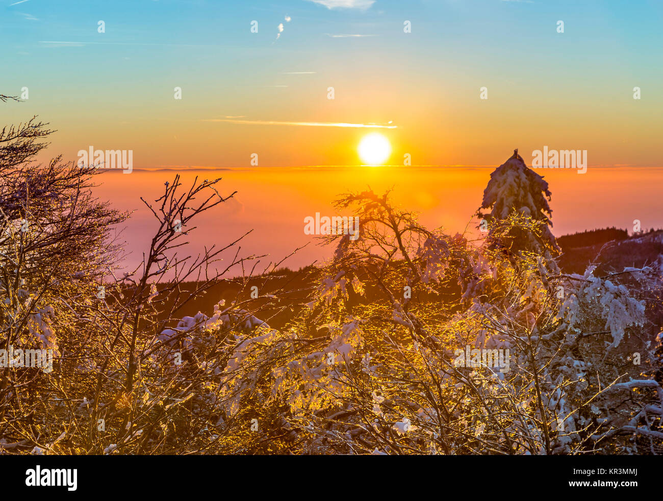 sunrise under the winter calm mountain landscape with beautiful fir ...