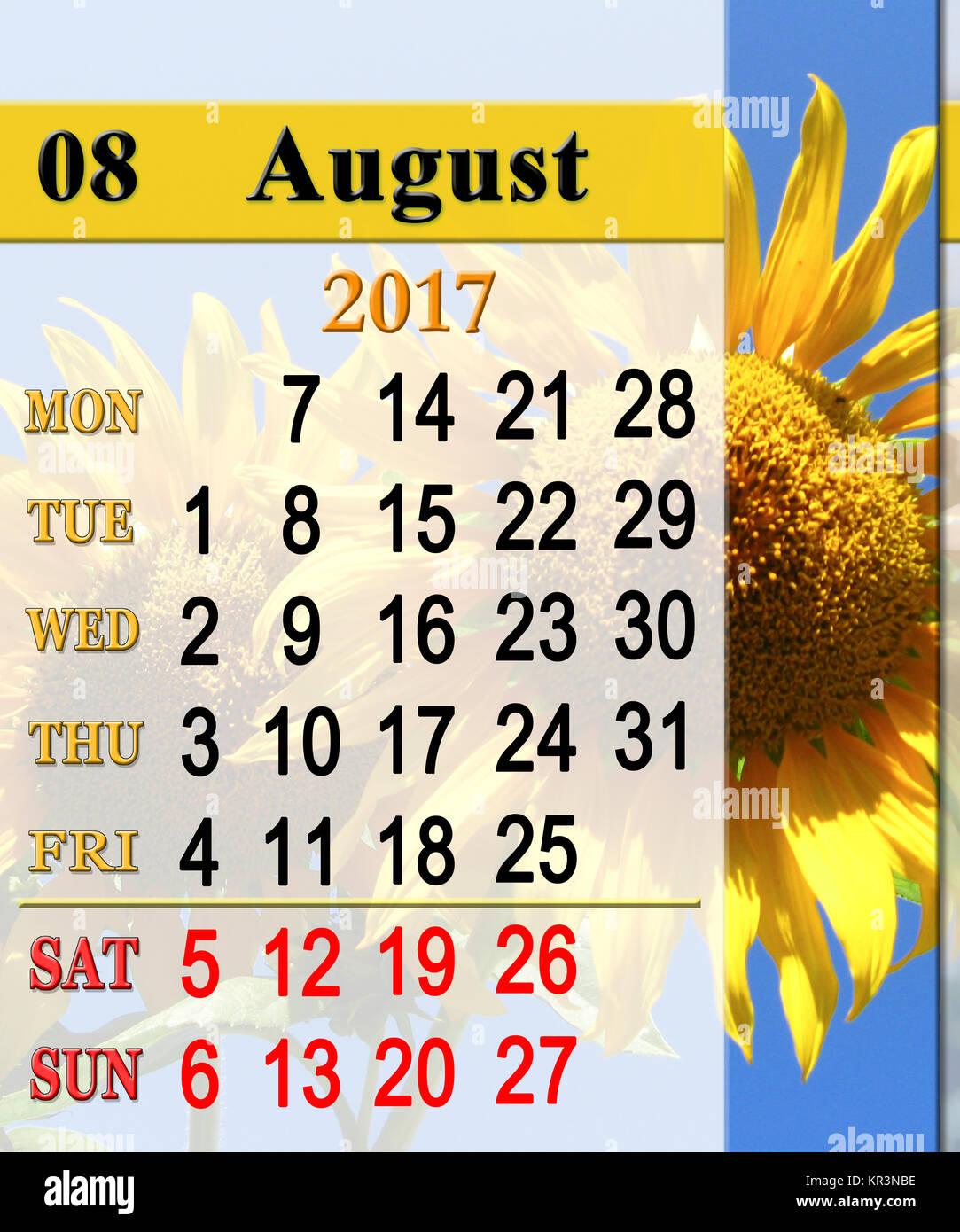 calendar for August 2017 with yellow fly on the sunflower Stock Photo ...
