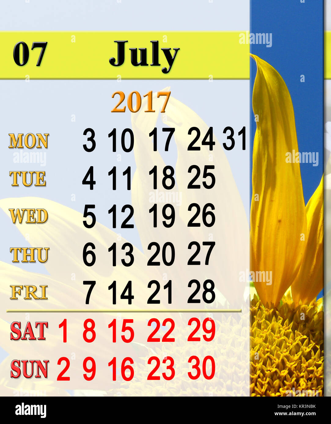calendar for July 2017 with yellow sunflower Stock Photo - Alamy