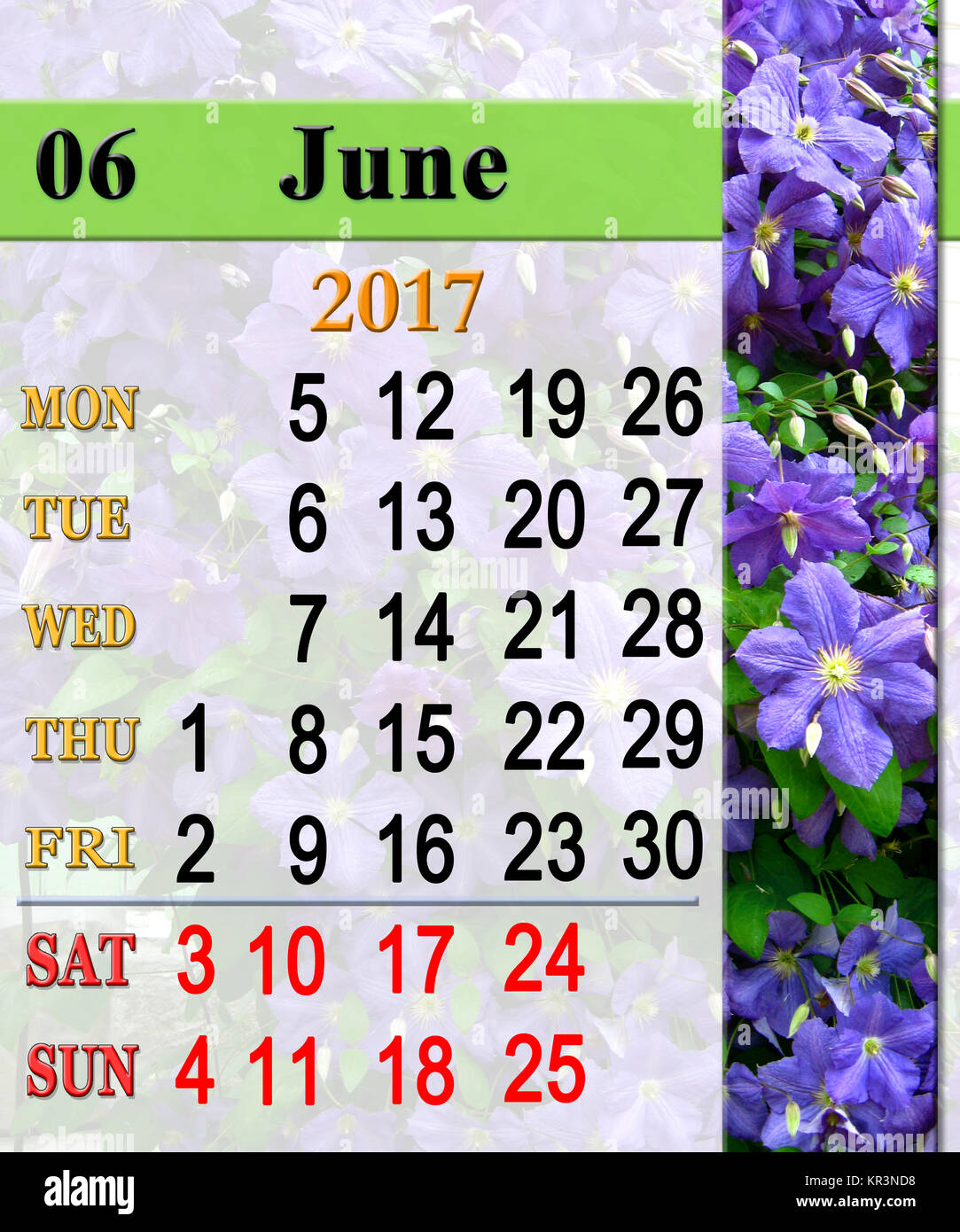 calendar for June 2017 with image of clematis Stock Photo - Alamy