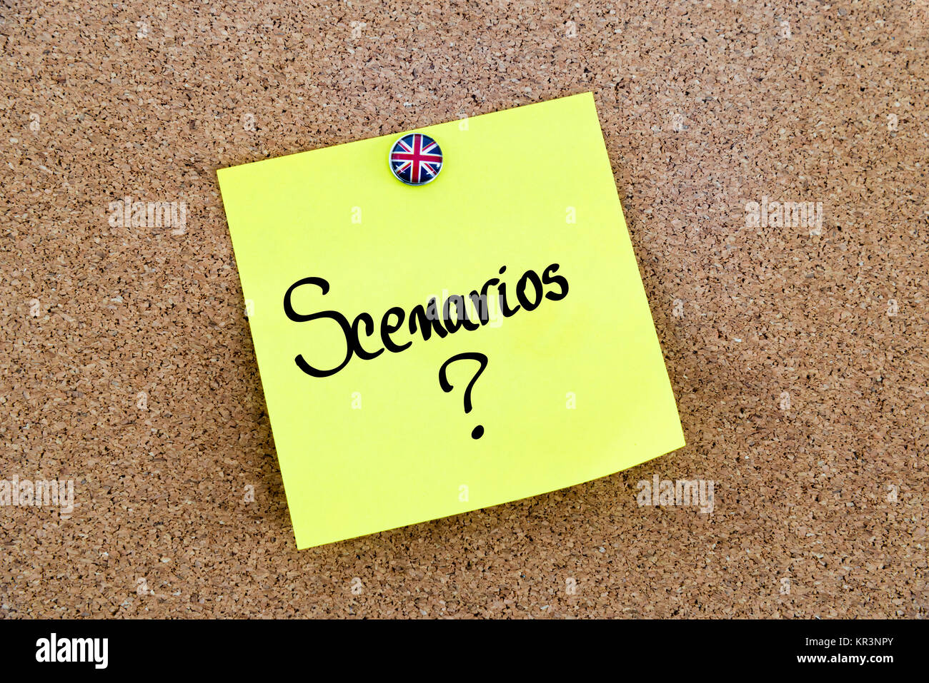 Yellow paper note pinned with Great Britain flag thumbtack and text ...