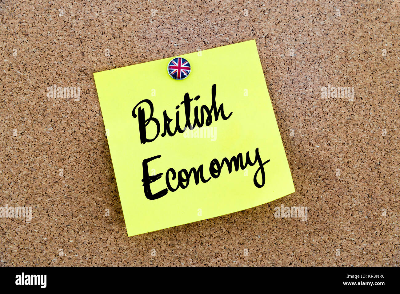 Yellow paper note pinned with Great Britain flag thumbtack and text ...