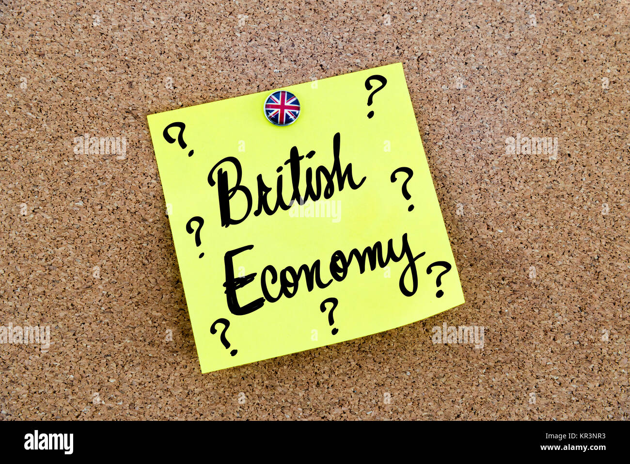 Yellow paper note pinned with Great Britain flag thumbtack, text ...