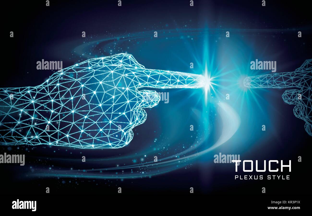 Hand touching a glowing spot, plexus style with lines and points ...