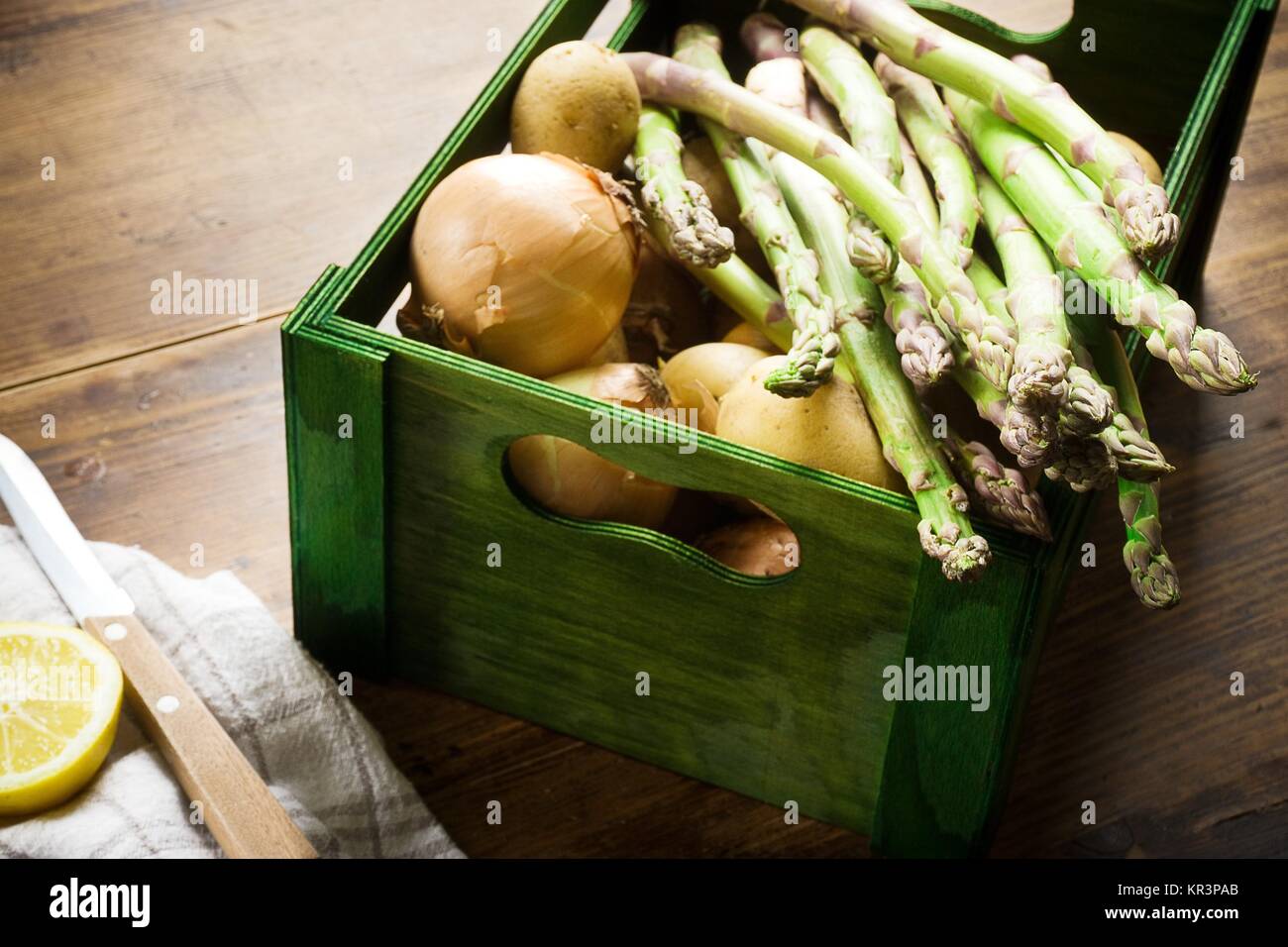 fresh asparagus in the vegetable box Stock Photo - Alamy