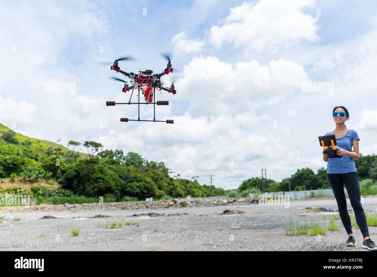 Woman flying surveillance drone Stock Photo - Alamy