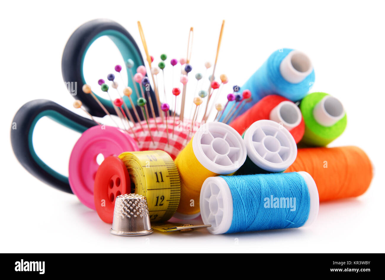 Composition with tailor threads isolated on white Stock Photo - Alamy